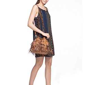 ZLYC Women Handmade Dip Dye Leather Bohemian Fringe Tassel Drawstring Bucket Bag, Brown