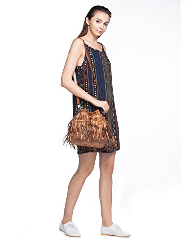 ZLYC Women Handmade Dip Dye Leather Bohemian Fringe Tassel Drawstring Bucket Bag, Brown