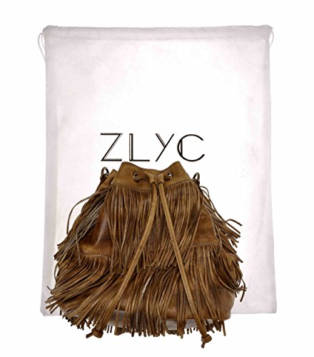 ZLYC Women Handmade Dip Dye Leather Bohemian Fringe Tassel Drawstring Bucket Bag, Brown