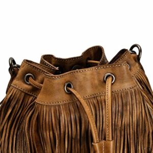 ZLYC Women Handmade Dip Dye Leather Bohemian Fringe Tassel Drawstring Bucket Bag, Brown