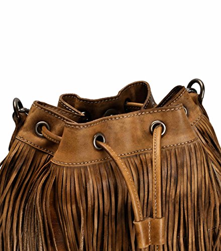 ZLYC Women Handmade Dip Dye Leather Bohemian Fringe Tassel Drawstring Bucket Bag, Brown