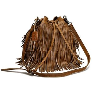 ZLYC Women Handmade Dip Dye Leather Bohemian Fringe Tassel Drawstring Bucket Bag, Brown