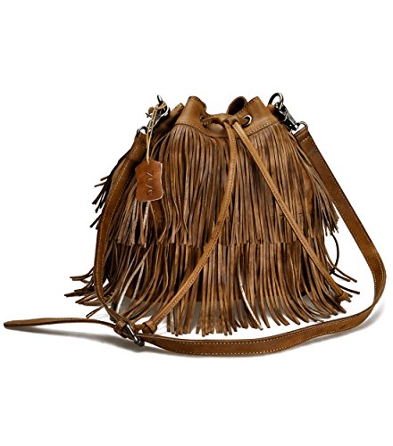 ZLYC Women Handmade Dip Dye Leather Bohemian Fringe Tassel Drawstring Bucket Bag, Brown