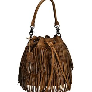 ZLYC Women Handmade Dip Dye Leather Bohemian Fringe Tassel Drawstring Bucket Bag, Brown