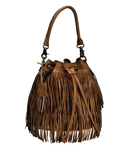 ZLYC Women Handmade Dip Dye Leather Bohemian Fringe Tassel Drawstring Bucket Bag, Brown