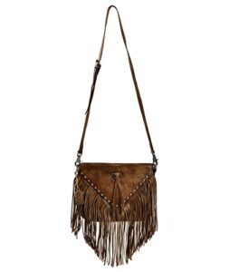 zlyc women handmade dip dye leather fringe bohemian tassel bag studed cross body bag, brown