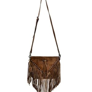 ZLYC Women Handmade Dip Dye Leather Fringe Bohemian Tassel Bag Studed Cross Body Bag, Brown