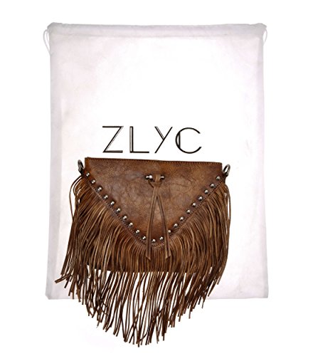 ZLYC Women Handmade Dip Dye Leather Fringe Bohemian Tassel Bag Studed Cross Body Bag, Brown