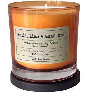 (basil, lime & mandarin) 8.1 oz,100% soy, hand poured soy candle, highly scented