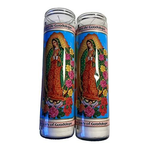 Veladora Virgen De Guadalupe White /// set of 2 Our Lady of Guadalupe Glass Prayer Candles, 8"