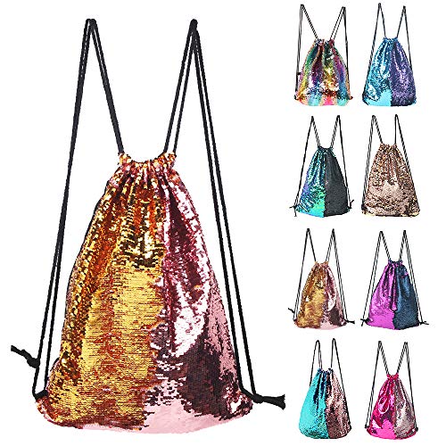 Winmany Mermaid Sequin Backpack Glittering Outdoor Shoulder Bag, Magic Reversible Glitter Drawstring Backpack, Fashion Bling Shining Dance Bag, Sports Backpack Bag (Pink Gold)