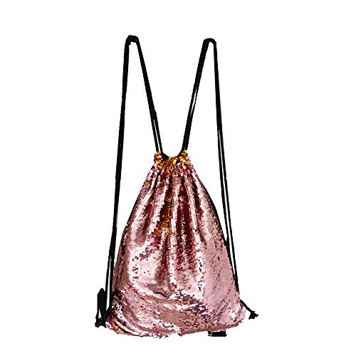 Winmany Mermaid Sequin Backpack Glittering Outdoor Shoulder Bag, Magic Reversible Glitter Drawstring Backpack, Fashion Bling Shining Dance Bag, Sports Backpack Bag (Pink Gold)