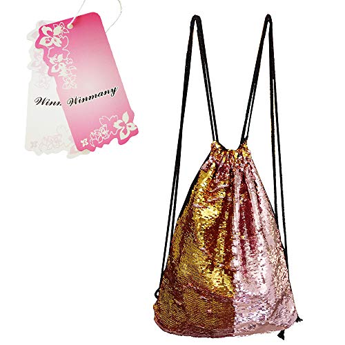 Winmany Mermaid Sequin Backpack Glittering Outdoor Shoulder Bag, Magic Reversible Glitter Drawstring Backpack, Fashion Bling Shining Dance Bag, Sports Backpack Bag (Pink Gold)