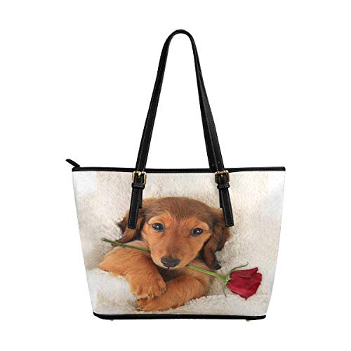 InterestPrint Women Totes Top Handle HandBags PU Leather Purse Longhair Little Dog Puppy Holding a Valentine Rose