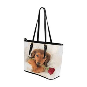 InterestPrint Women Totes Top Handle HandBags PU Leather Purse Longhair Little Dog Puppy Holding a Valentine Rose