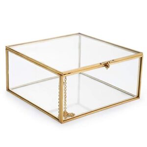 hipiwe vintage glass jewelry organizer box – golden metal keepsake box desktop jewelry organizer holder, wedding birthday gift, square vanity decorative box for dresser,bathroom