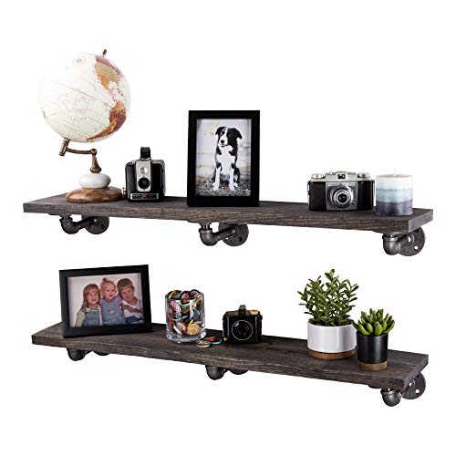 Industrial Pipe Wooden Shelves Restore by Pipe DÉCOR Premium Ponderosa Pine Wood Shelving 36 Inch Length Set of 2 Boards and 6 L Brackets Boulder Black Finish