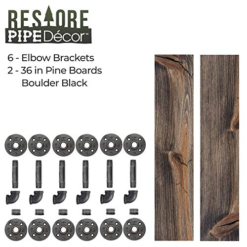 Industrial Pipe Wooden Shelves Restore by Pipe DÉCOR Premium Ponderosa Pine Wood Shelving 36 Inch Length Set of 2 Boards and 6 L Brackets Boulder Black Finish