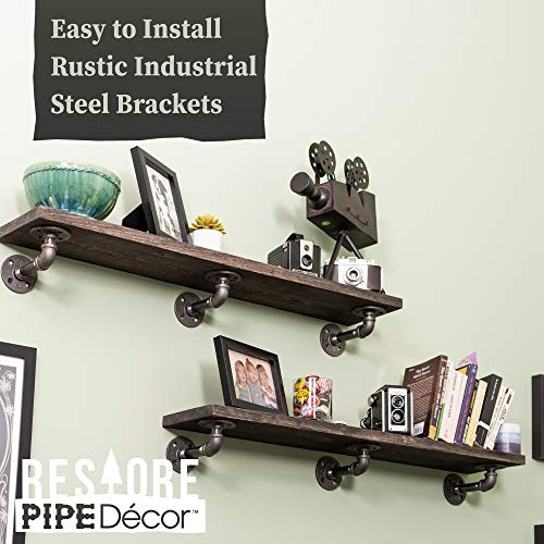 Industrial Pipe Wooden Shelves Restore by Pipe DÉCOR Premium Ponderosa Pine Wood Shelving 36 Inch Length Set of 2 Boards and 6 L Brackets Boulder Black Finish