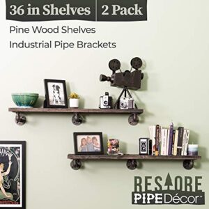 Industrial Pipe Wooden Shelves Restore by Pipe DÉCOR Premium Ponderosa Pine Wood Shelving 36 Inch Length Set of 2 Boards and 6 L Brackets Boulder Black Finish