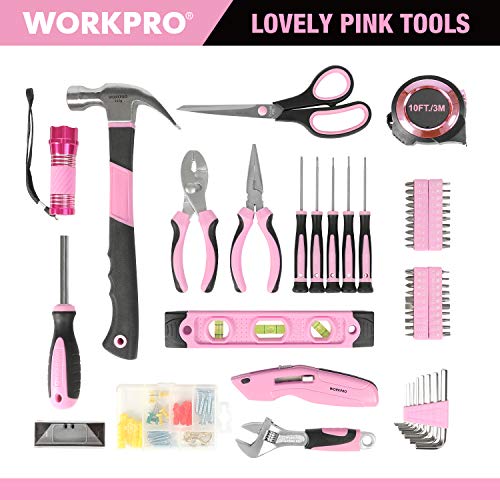 WORKPRO Pink Tool Kit, Home Repairing Tool Set with Wide Mouth Open Storage Bag, Household Tool Kit - Pink Ribbon