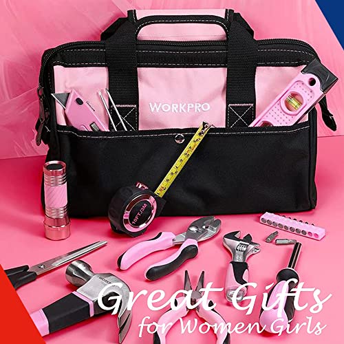 WORKPRO Pink Tool Kit, Home Repairing Tool Set with Wide Mouth Open Storage Bag, Household Tool Kit - Pink Ribbon