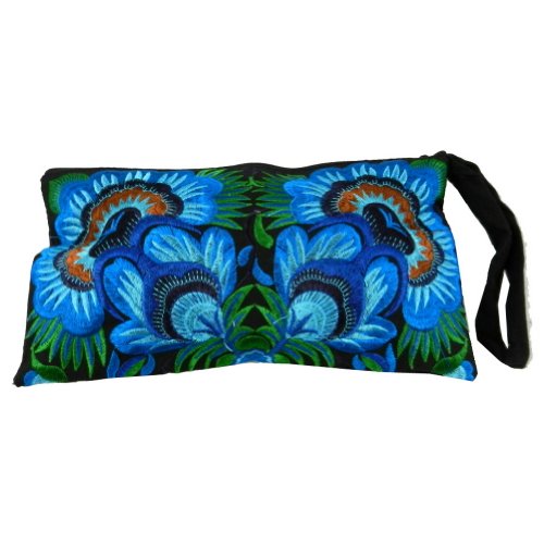 BTP! HMONG Wristlet Clutch Hill Tribe Ethnic Embroidered Bag Hippie Boho Hobo Blue Floral Large HMW1