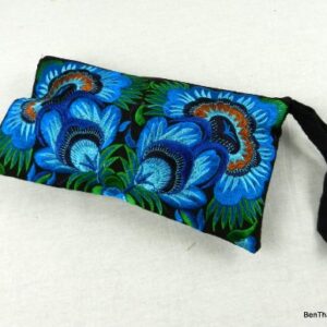 BTP! HMONG Wristlet Clutch Hill Tribe Ethnic Embroidered Bag Hippie Boho Hobo Blue Floral Large HMW1