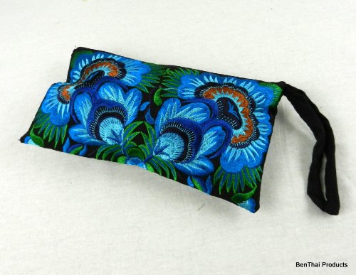 BTP! HMONG Wristlet Clutch Hill Tribe Ethnic Embroidered Bag Hippie Boho Hobo Blue Floral Large HMW1