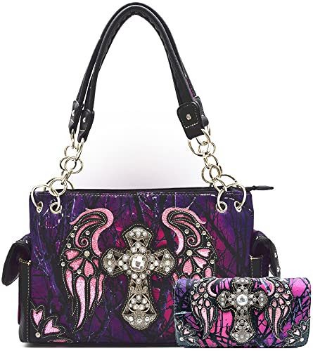 Camouflage Cross Wings Western Style Concealed Carry Purse Country Handbag Women Shoulder Bag Wallet Set (Purple Set)