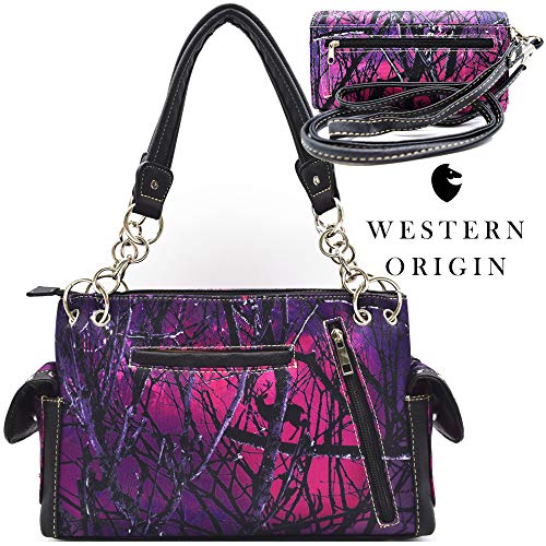 Camouflage Cross Wings Western Style Concealed Carry Purse Country Handbag Women Shoulder Bag Wallet Set (Purple Set)