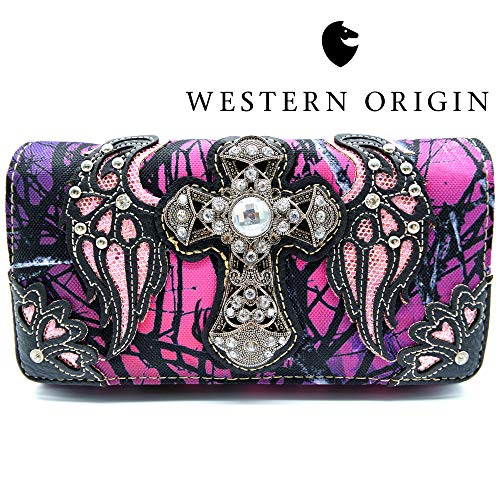 Camouflage Cross Wings Western Style Concealed Carry Purse Country Handbag Women Shoulder Bag Wallet Set (Purple Set)