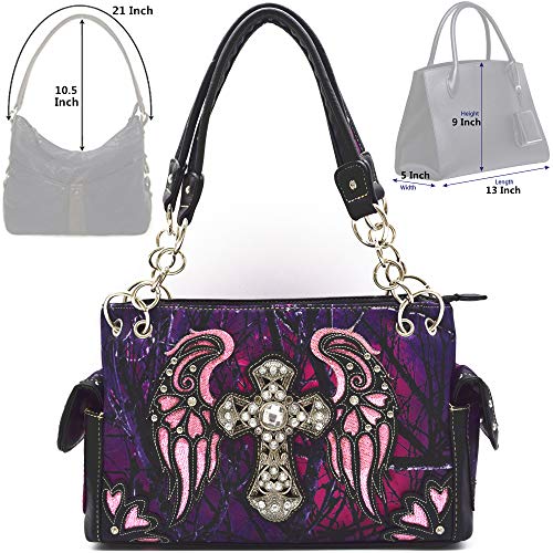 Camouflage Cross Wings Western Style Concealed Carry Purse Country Handbag Women Shoulder Bag Wallet Set (Purple Set)