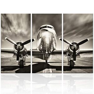 klvos 3 piece airplane wall art vintage black and white propeller aircraft picture for boy room home office modern home decor stretched and framed ready to hang – 16″x32″x3pcs