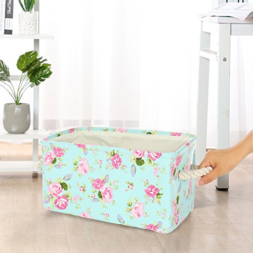 uxcell Storage Basket Bin for Toys Clothes, Collapsible Canvas Fabric Laundry Basket Box with Drawstring Closure & Carry Handles, Floral (Large - 17.7"x13.8"x9.8")