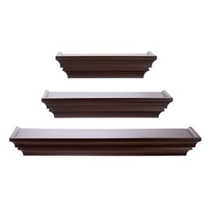 kiera grace set of three madison classic & traditional decorative engineered wood contoured floating wall shelves, 12″ / 16″ / 24″, espresso brown