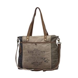 Myra Bags Life Always Upcycled Canvas Shoulder Bag S-0948, Tan, Khaki, Brown, One_Size