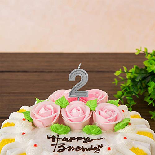 LUTER Silver Glitter Happy Birthday Cake Candles Number Candles Number 2 Birthday Candle Cake Topper Decoration for Party Kids Adults (Number 2)