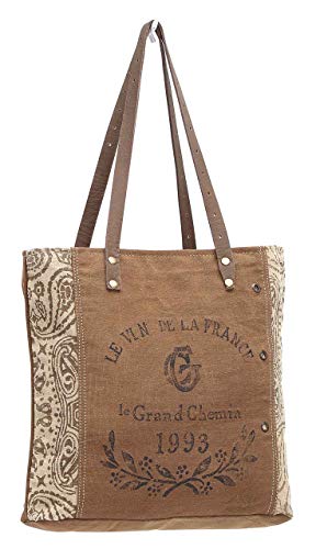 Myra Bags 1933 Upcycled Canvas Tote Bag S-0936, Tan, Khaki, Brown, One_Size