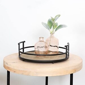 Stratton Home Decor Metal and Wood Tray - Farmhouse Round Tabletop Tray for Table Decoration - Rustic Ornament for Coffee Tables, Credenza, Countertop - Black Handles, Matt Surface - Housewarming Gift