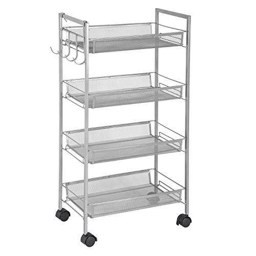 Greenway 4-Tier Mobile w/Side Hooks Storage Cart, Silver