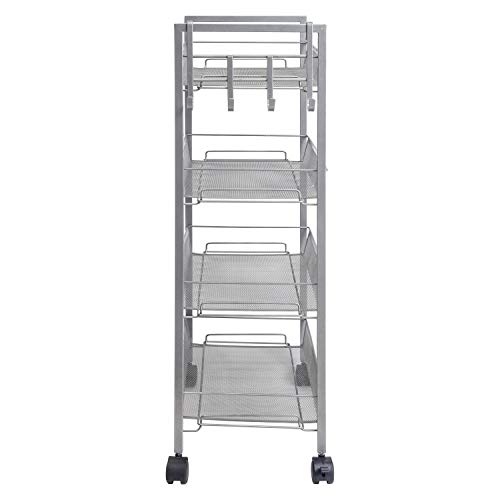 Greenway 4-Tier Mobile w/Side Hooks Storage Cart, Silver