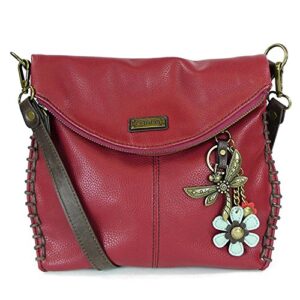 chala charming crossbody shoulder handbag with zipper flap top and key fob- burgundy (metal dragonfly)