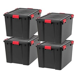 iris usa 74 quart weatherpro plastic storage box with durable lid and seal and secure latching buckles, weathertight, black with red buckles, 4 pack