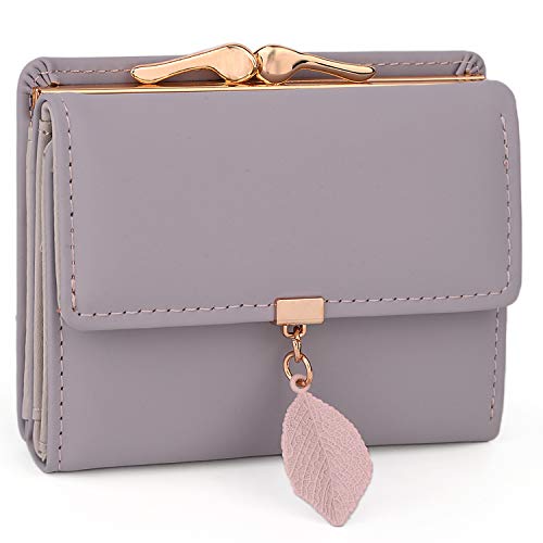 UTO Small Wallet for Women PU Leather Leaf Pendant Card Holder Organizer Coin Purse Light Purple