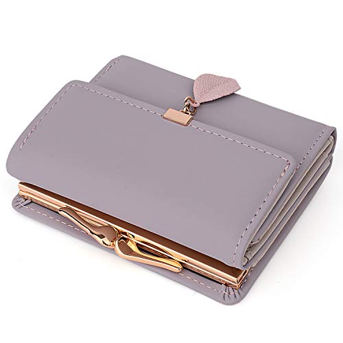 UTO Small Wallet for Women PU Leather Leaf Pendant Card Holder Organizer Coin Purse Light Purple