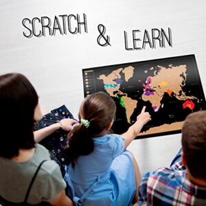 Global Zoom Scratch-Off World Map with US States-Track Travel Routes, Iconic Landmarks and World Wonders -Thick, Laminated Large Poster for Wall (24"x36") - Includes Scratch Tool and Cleaning Cloth