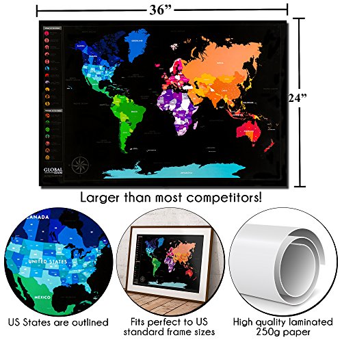 Global Zoom Scratch-Off World Map with US States-Track Travel Routes, Iconic Landmarks and World Wonders -Thick, Laminated Large Poster for Wall (24"x36") - Includes Scratch Tool and Cleaning Cloth