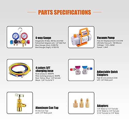 BACOENG Professional Vacuum Pump & Manifold Gauge Set - HVAC A/C Refrigeration Kit - Diagnostic R12 R22 R134a R410A - w/Case