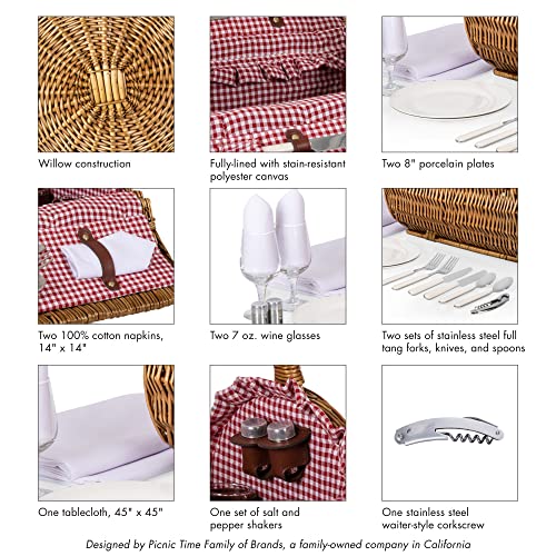 PICNIC TIME - Barrel Wicker Picnic Basket for 2 - Picnic Set - Wine Picnic Basket, (Red & White Gingham Pattern)